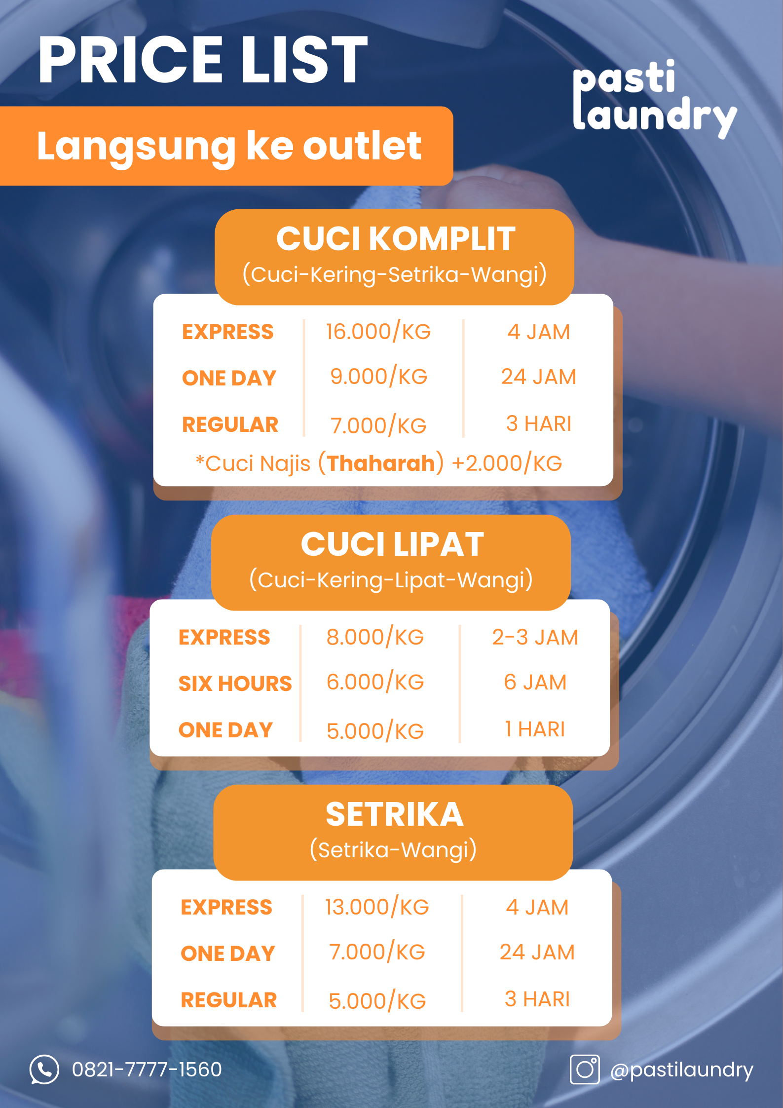 List Harga - Laundry Express Rawamangun Matraman Gratis Antar Jemput