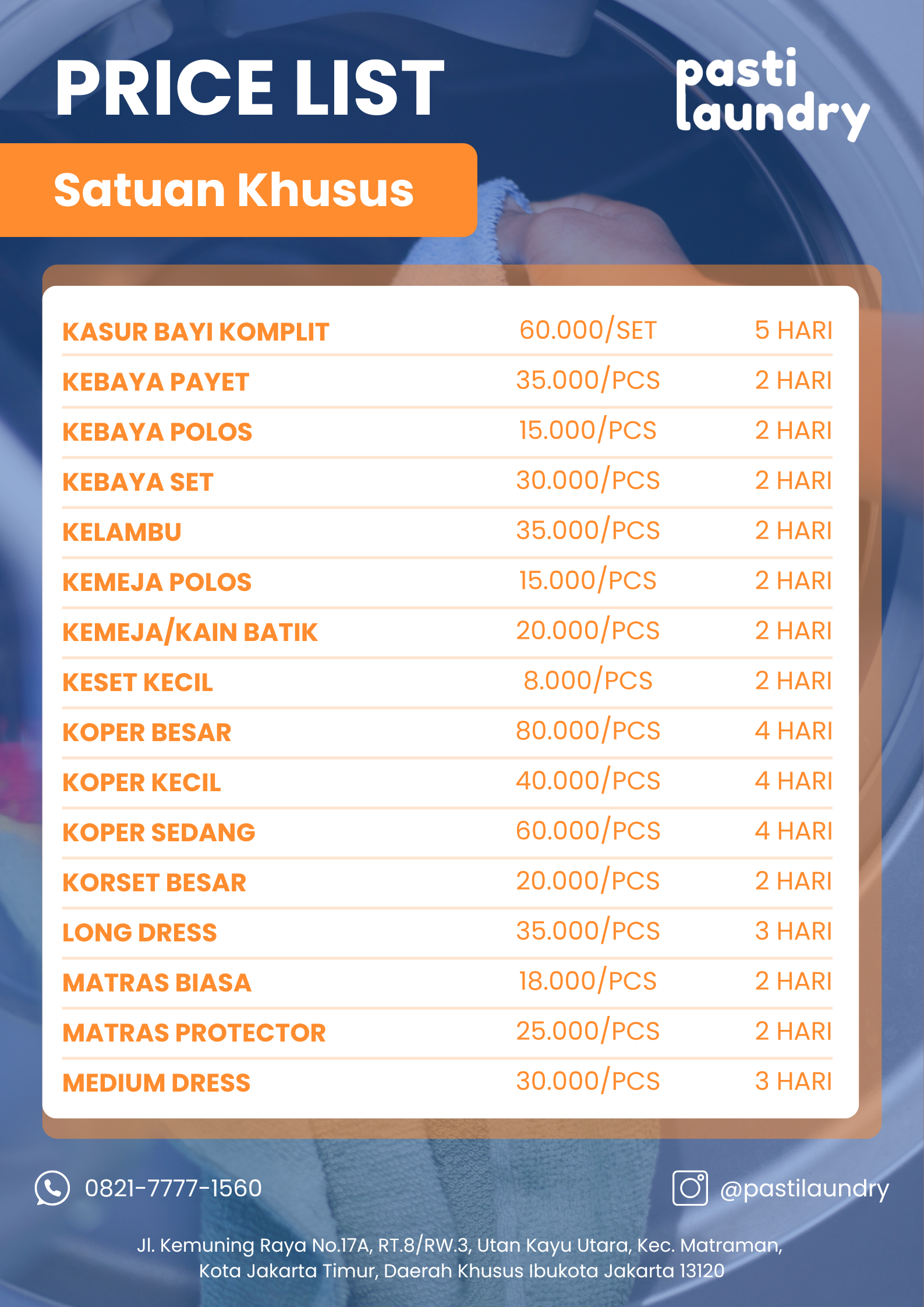 List Harga - Laundry Express Rawamangun Matraman Gratis Antar Jemput